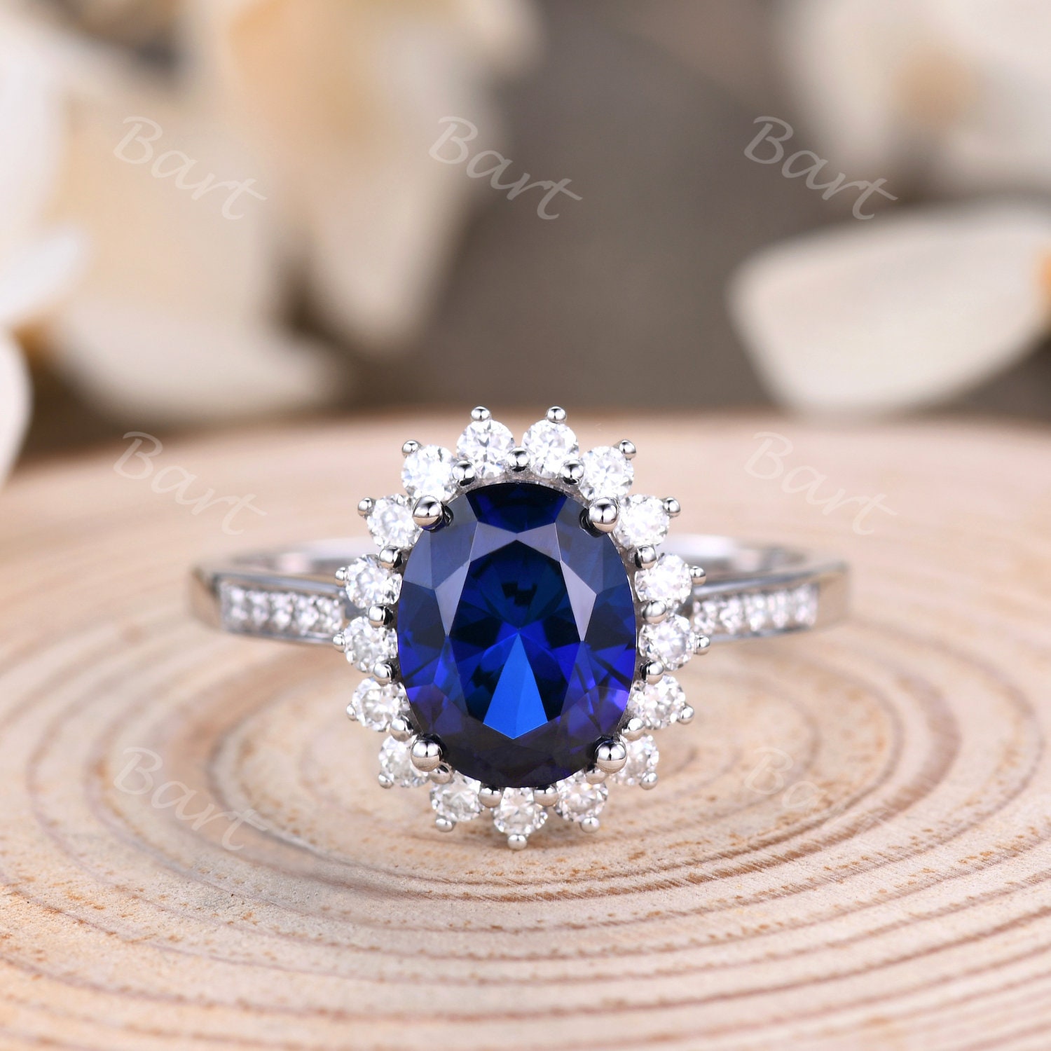 Vintage Blue Sapphire Engagement Ring Unique Halo Ring Oval - Etsy