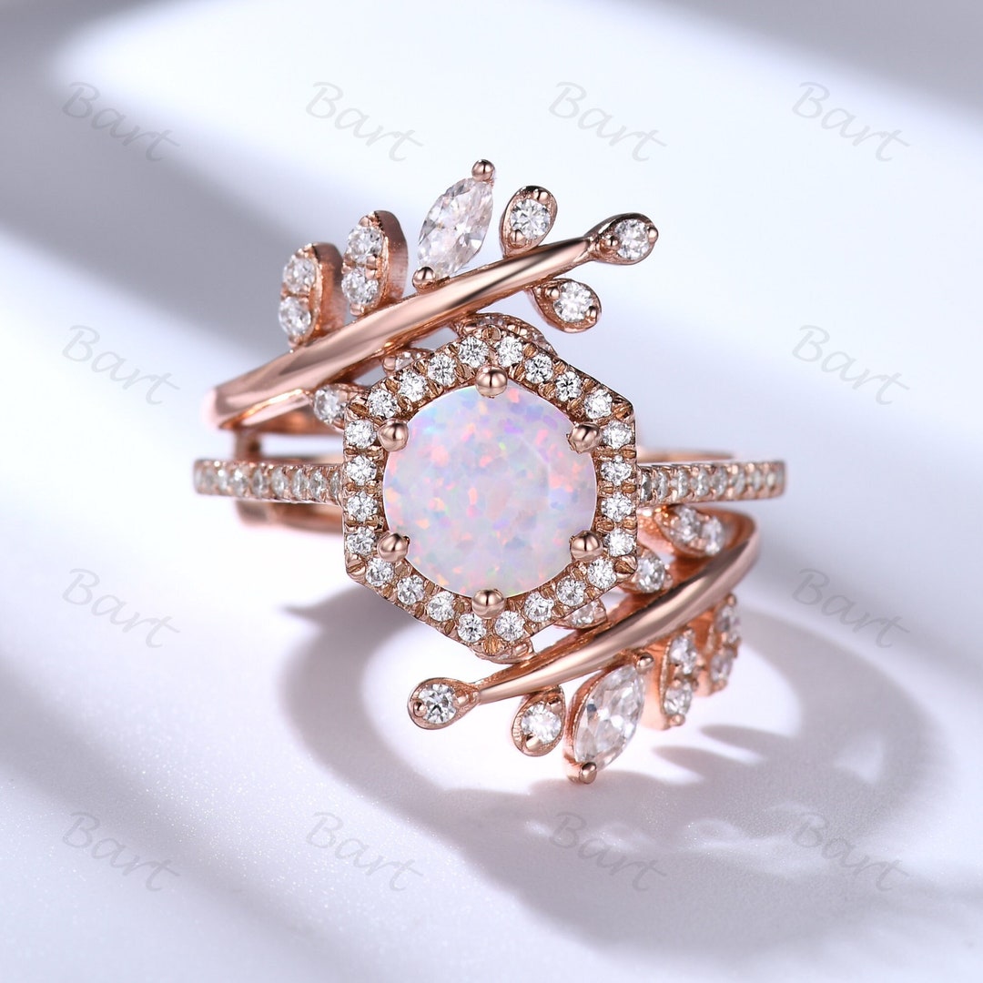 Round Opal Gold Leaf Floral Bridal Set,art Deco Leaf Opal Wedding ...