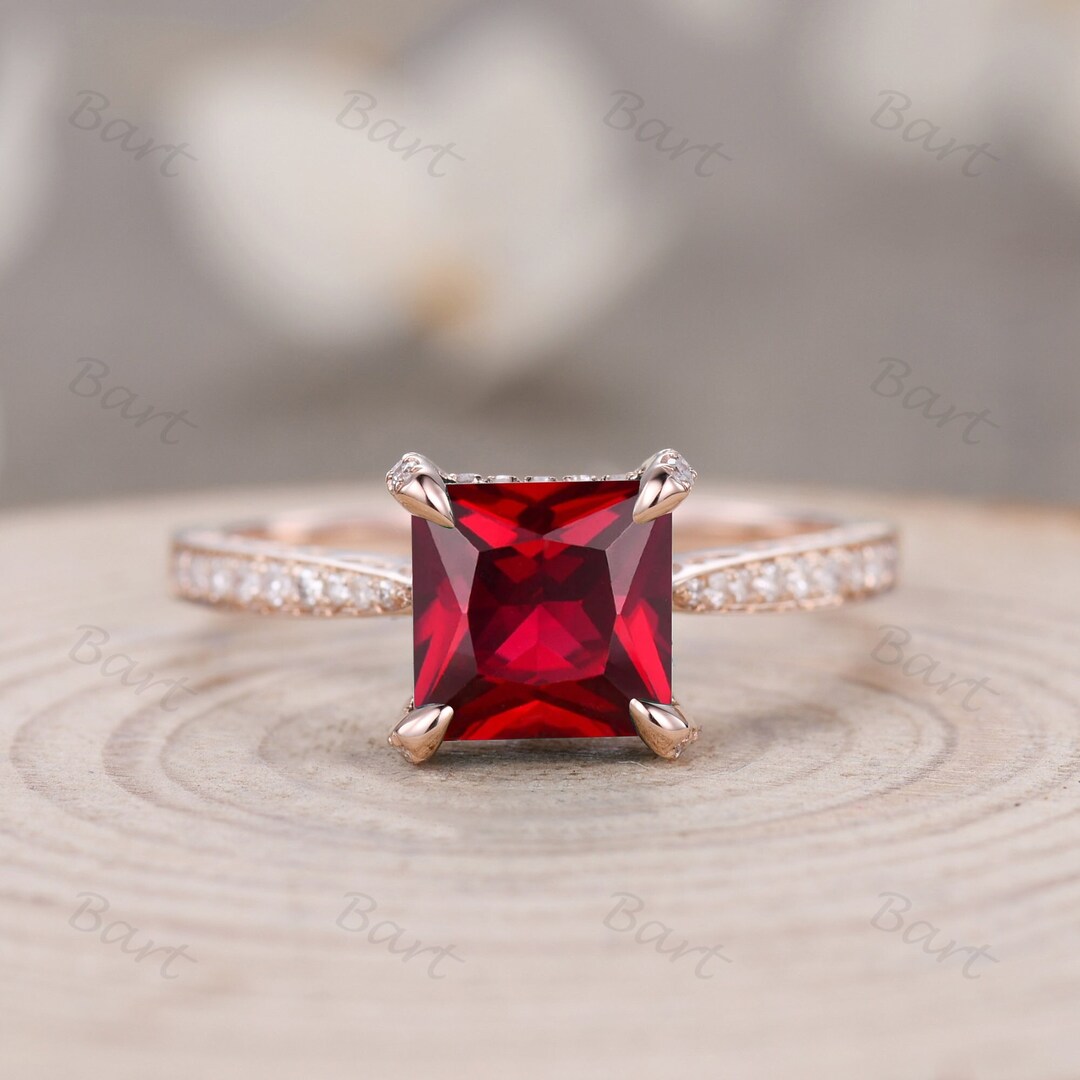 Rose Gold Princess Cut Garnet Statement Ring, Tapered Pave Natural ...