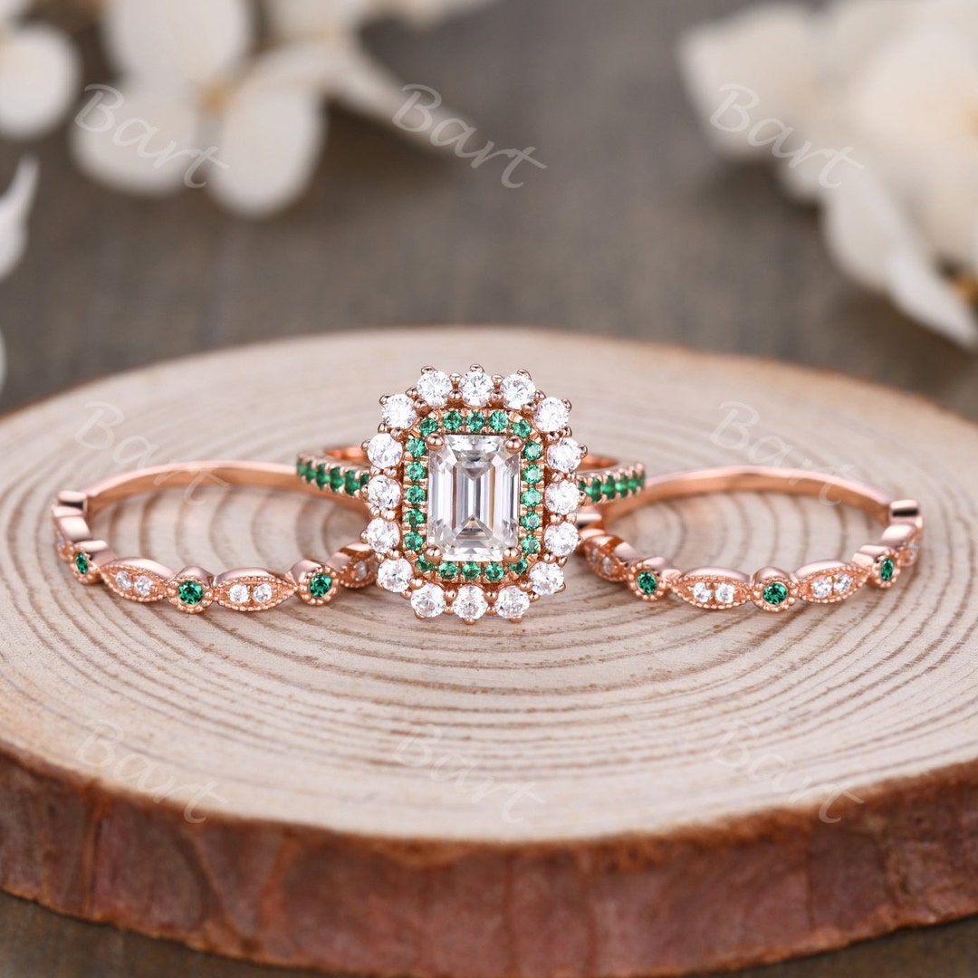 Moissanite Gold Ring Set Vintage Emerald Cut Ring Unique Moissanite ...