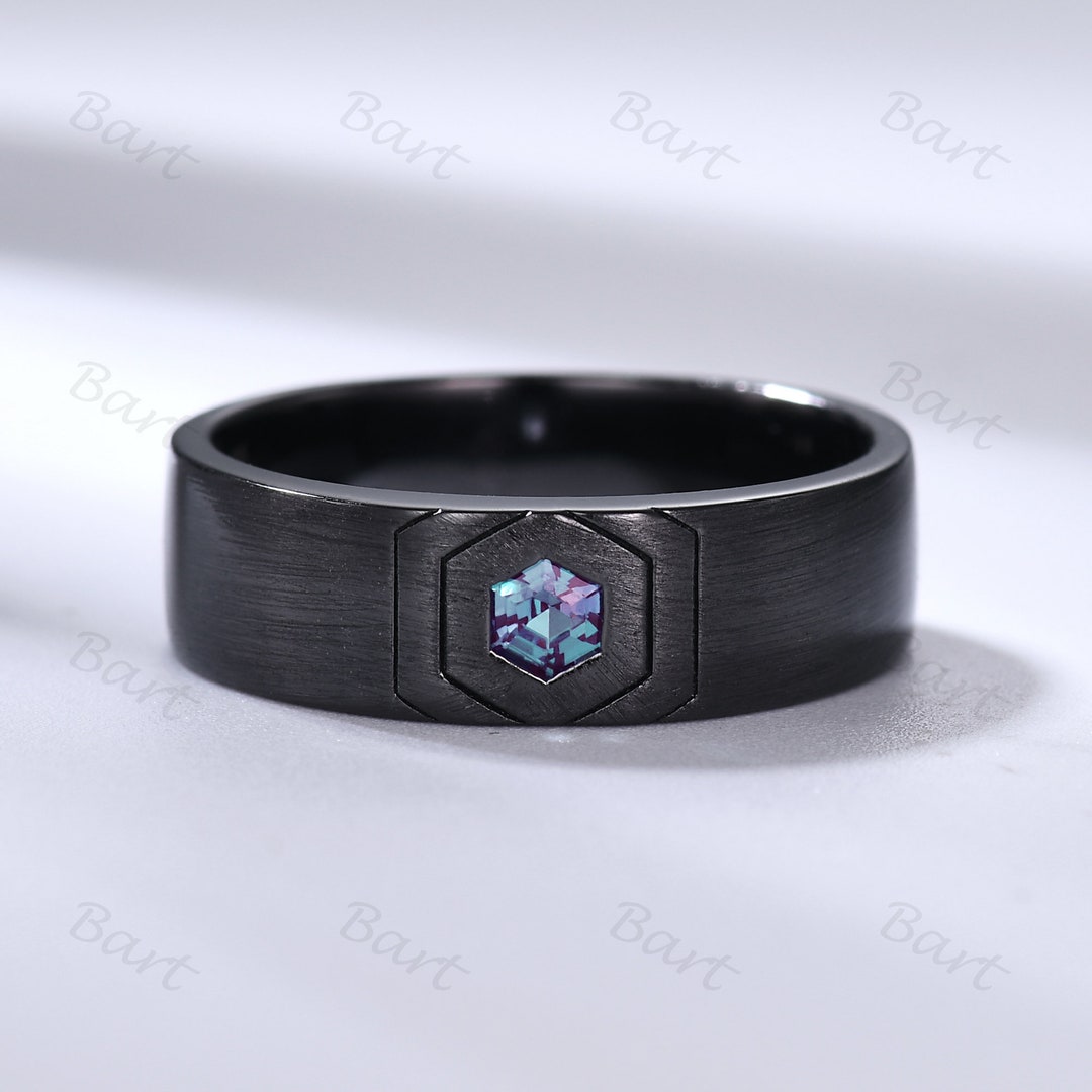 Black Gold Mens Hexagon Cut Alexandrite Wedding Band Alexandrite Men's Engagement Ring Brushed ...