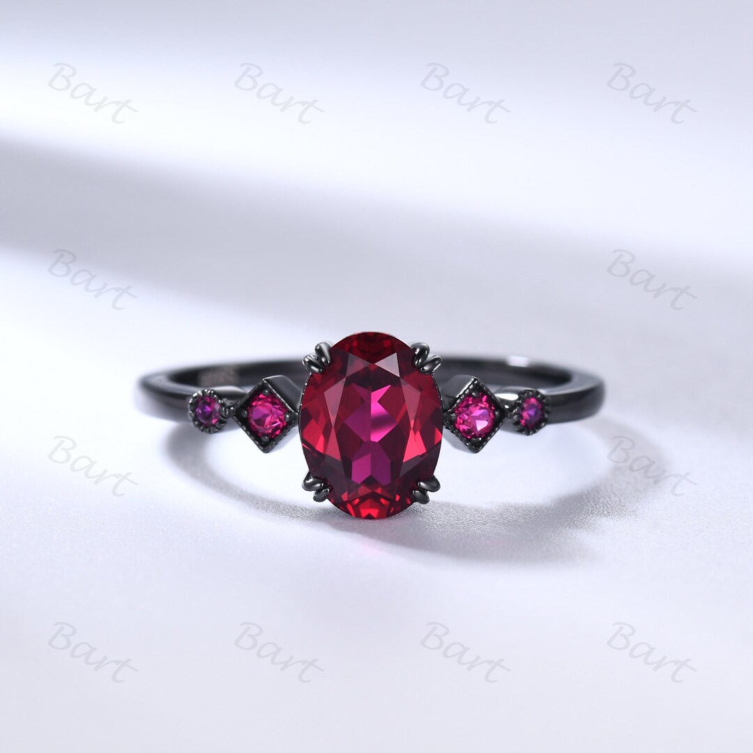 Rhodium Black Gold Oval Ruby Ring Punky Style Black Gold Ring Vintage 5 ...