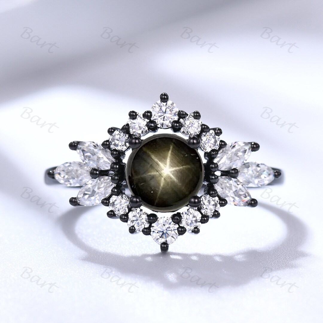 14k Black Gold Vintage Natural Black Star Sapphire Ring,round Six ...