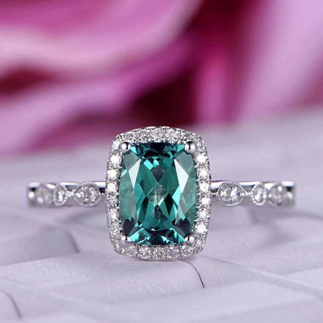 Unique Cushion Cut Alexandrite Promise Ring,diamond Halo Ring,art Deco ...