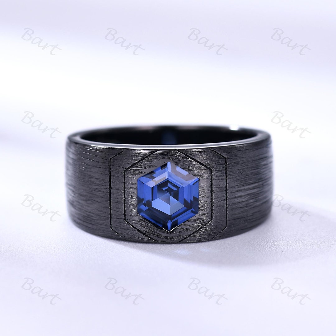 8mm Black Gold Mens Hexagon Cut Sapphire Wedding Band Sep Birthstone ...