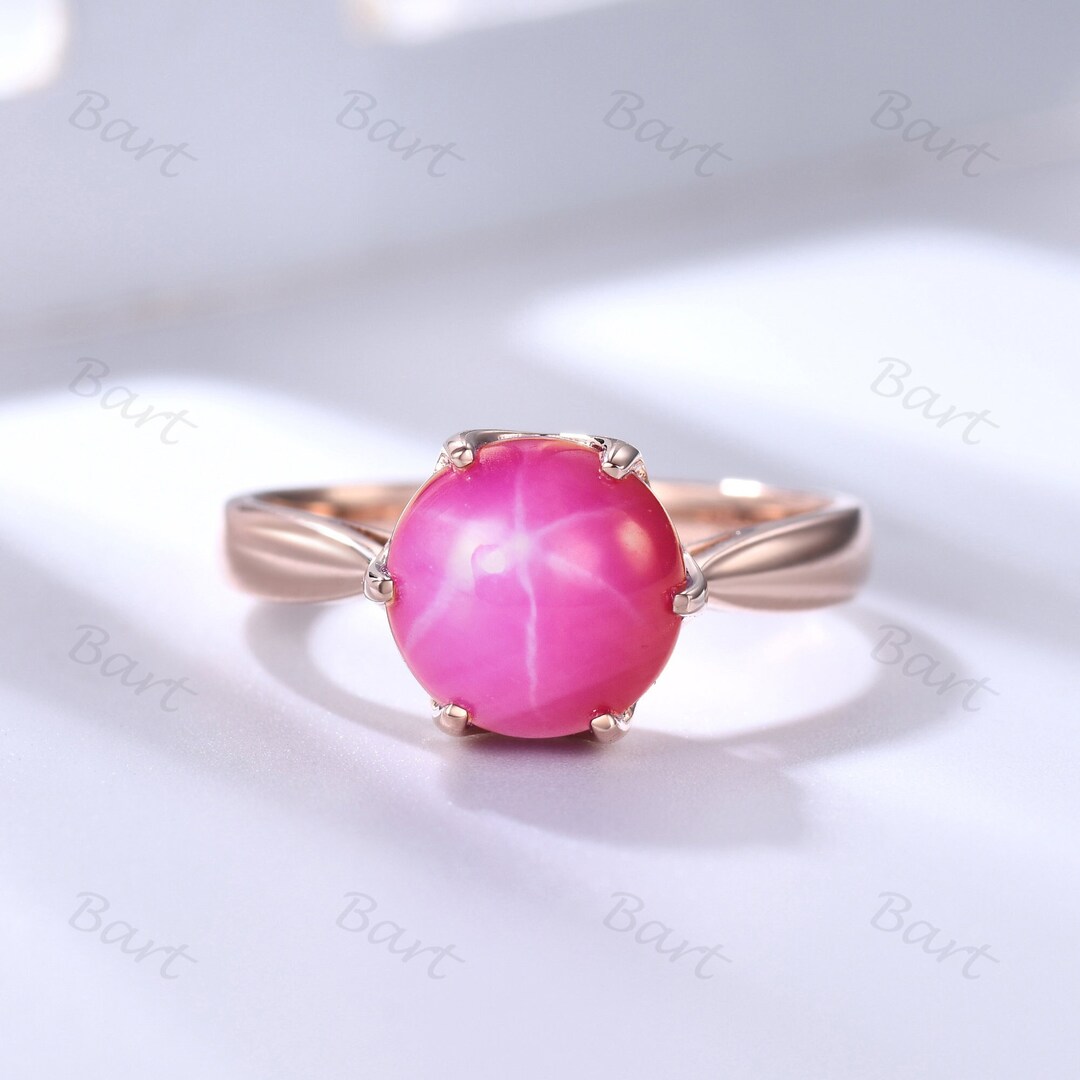 9mm Round Big Cabochon Pink Star Sapphire Ring, Solitaire Boulder Ring ...