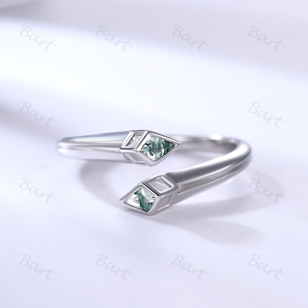 Bezel Set Kite Cut Moss Agate Duo Open Stacking Ring in White Gold ...