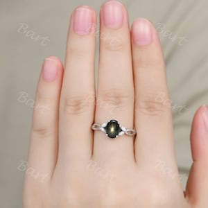 Oval Black Star Sapphire Ring, Vintage Black Star Sapphire and Moissanite Ring, Platinum Black ...