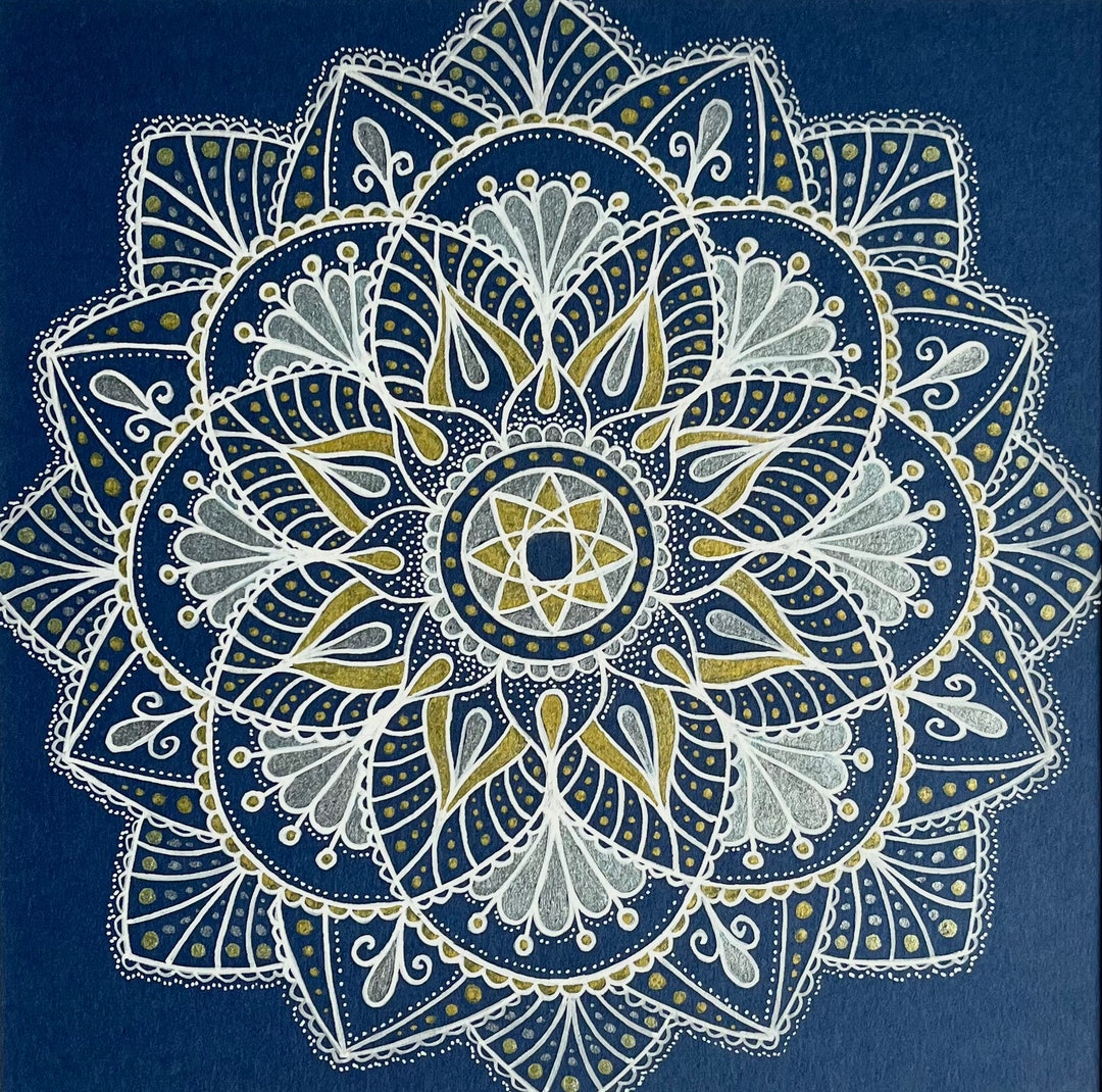 Mandala Wall Art Large, Hand Drawn in Blue and Gold on Navy ESTELLE - Etsy