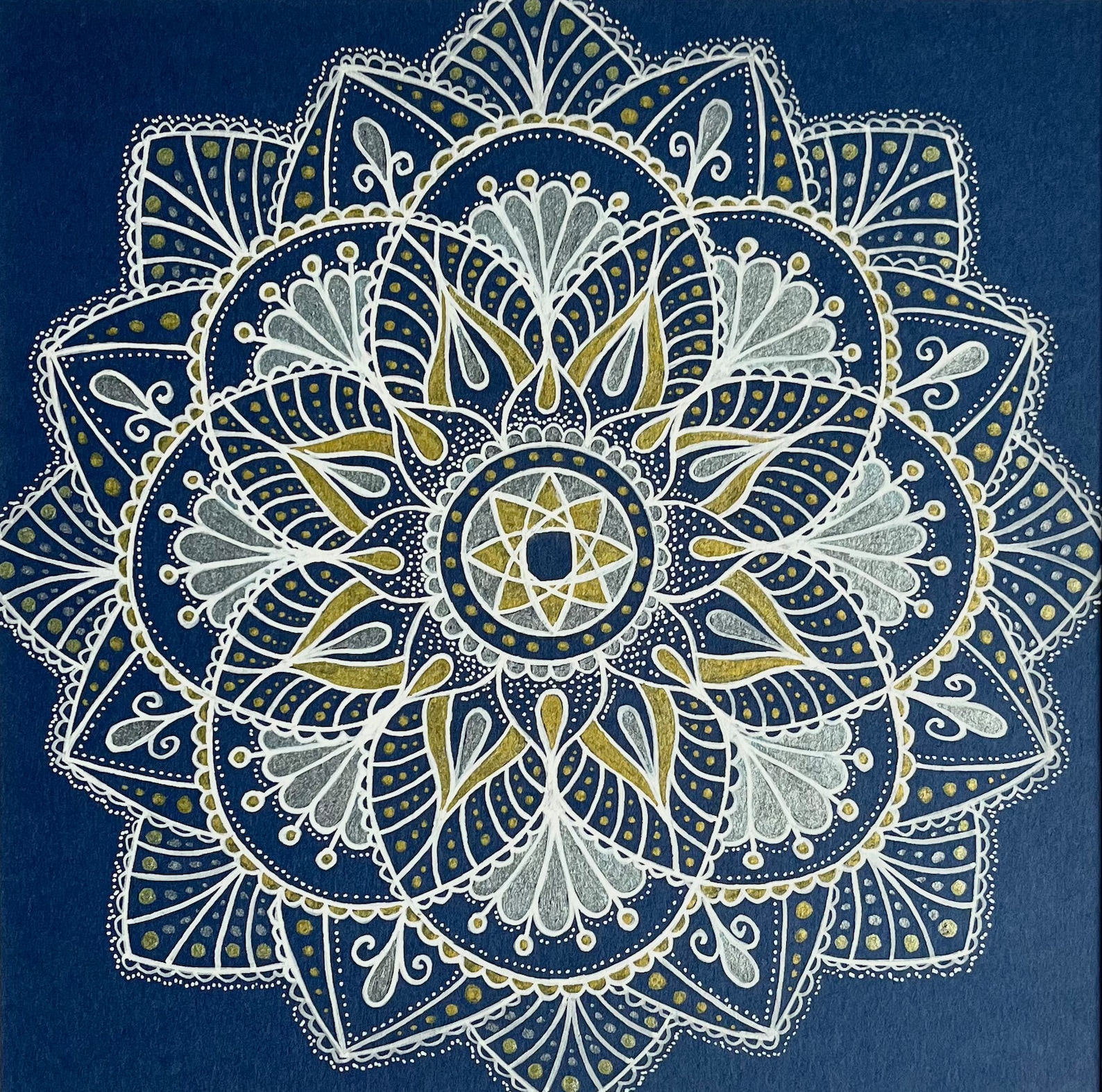 Mandala Wall Art Large, Hand Drawn in Blue and Gold on Navy ESTELLE - Etsy