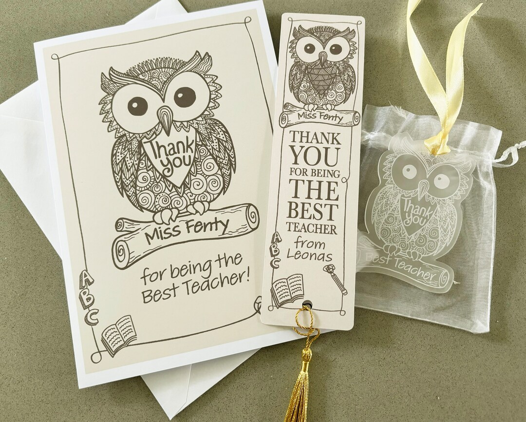 Best Teacher Owl Gift Set Card, Bookmark and Keepsake Personalised ...