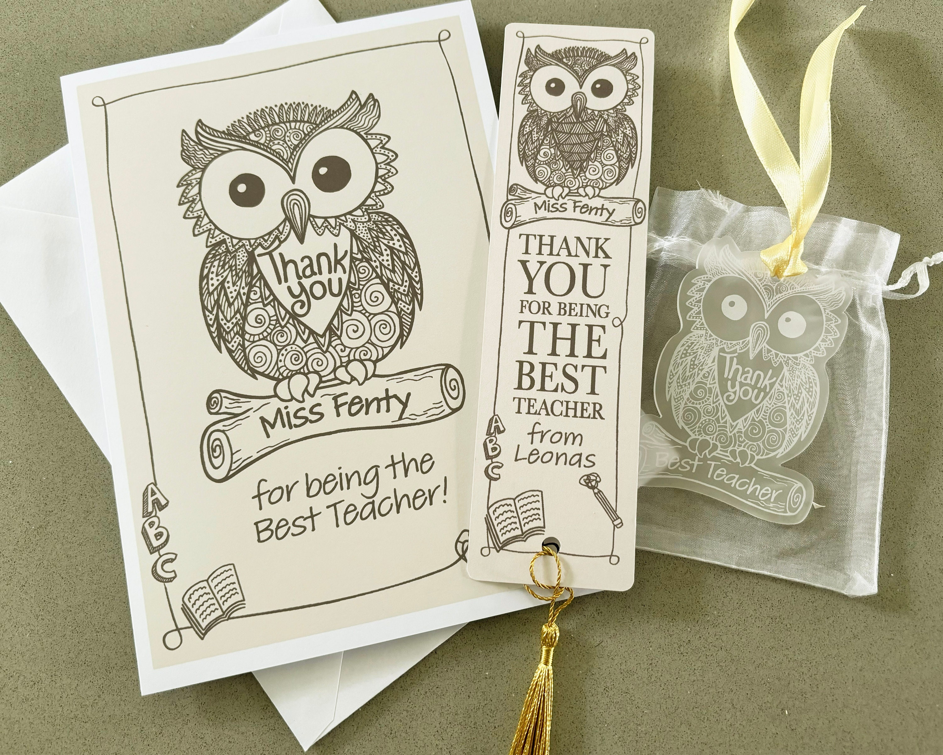 Best Teacher Owl Gift Set Card, Bookmark and Keepsake Personalised ...