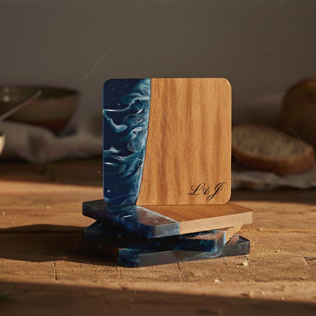 Personalised Coaster Set, Engraving Option, Handmade Mango Wood + Epoxy ...