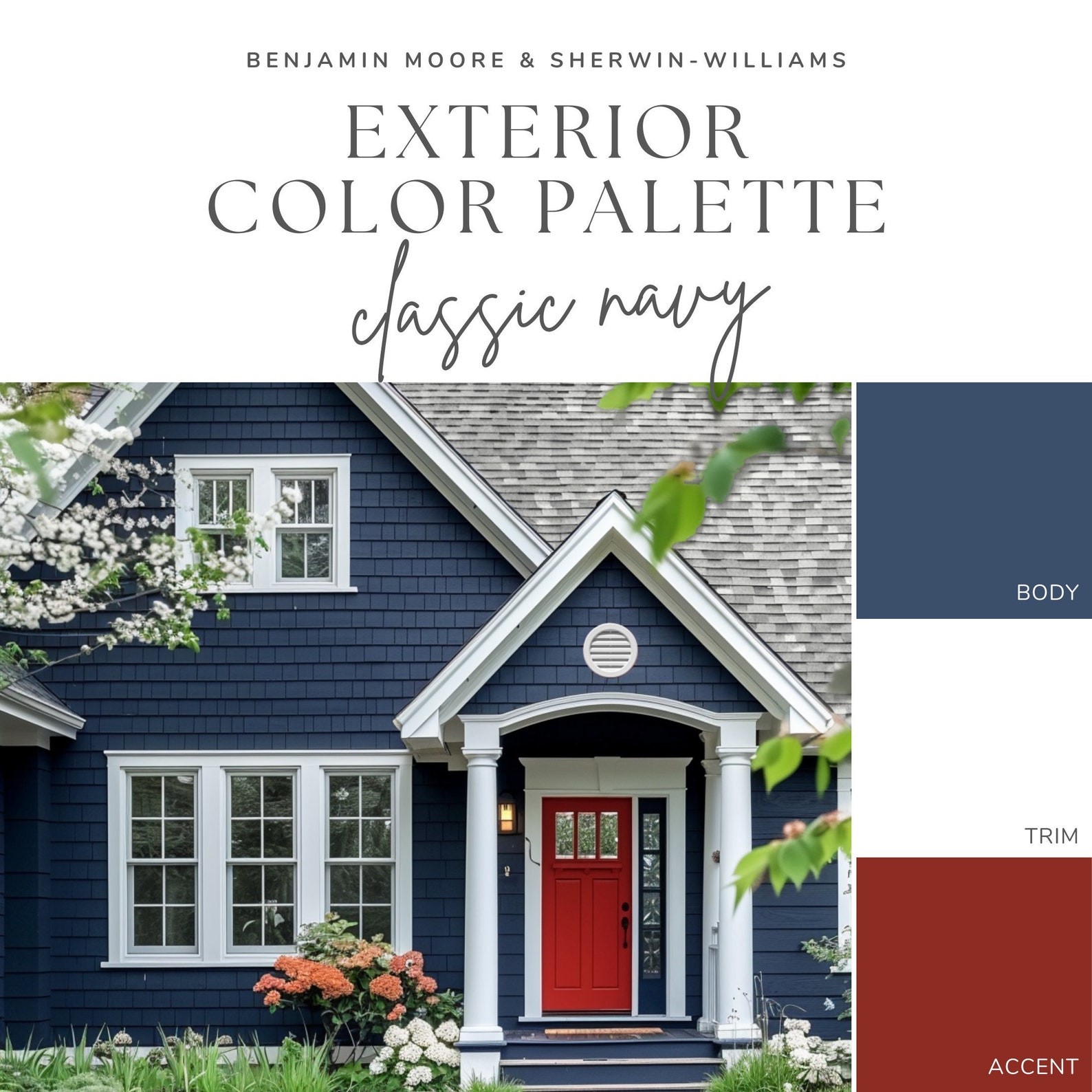 Exterior Paint Color Palette - Classic Navy, Navy Blue House Colors ...