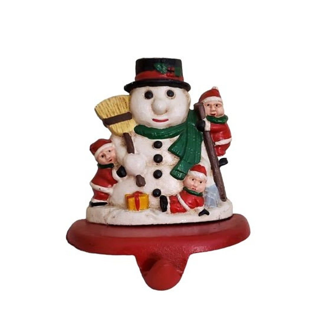 Vintage Cast Iron Christmas Decor Snowman Elves Stocking Hanger Holder ...