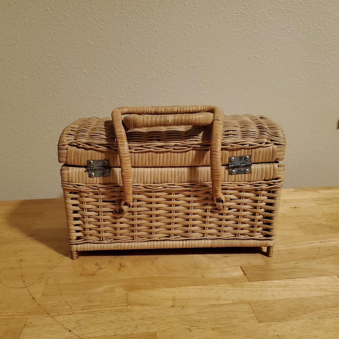 Vintage Small Wicker Picnic Hamper or Craft Basket Double Handle ...