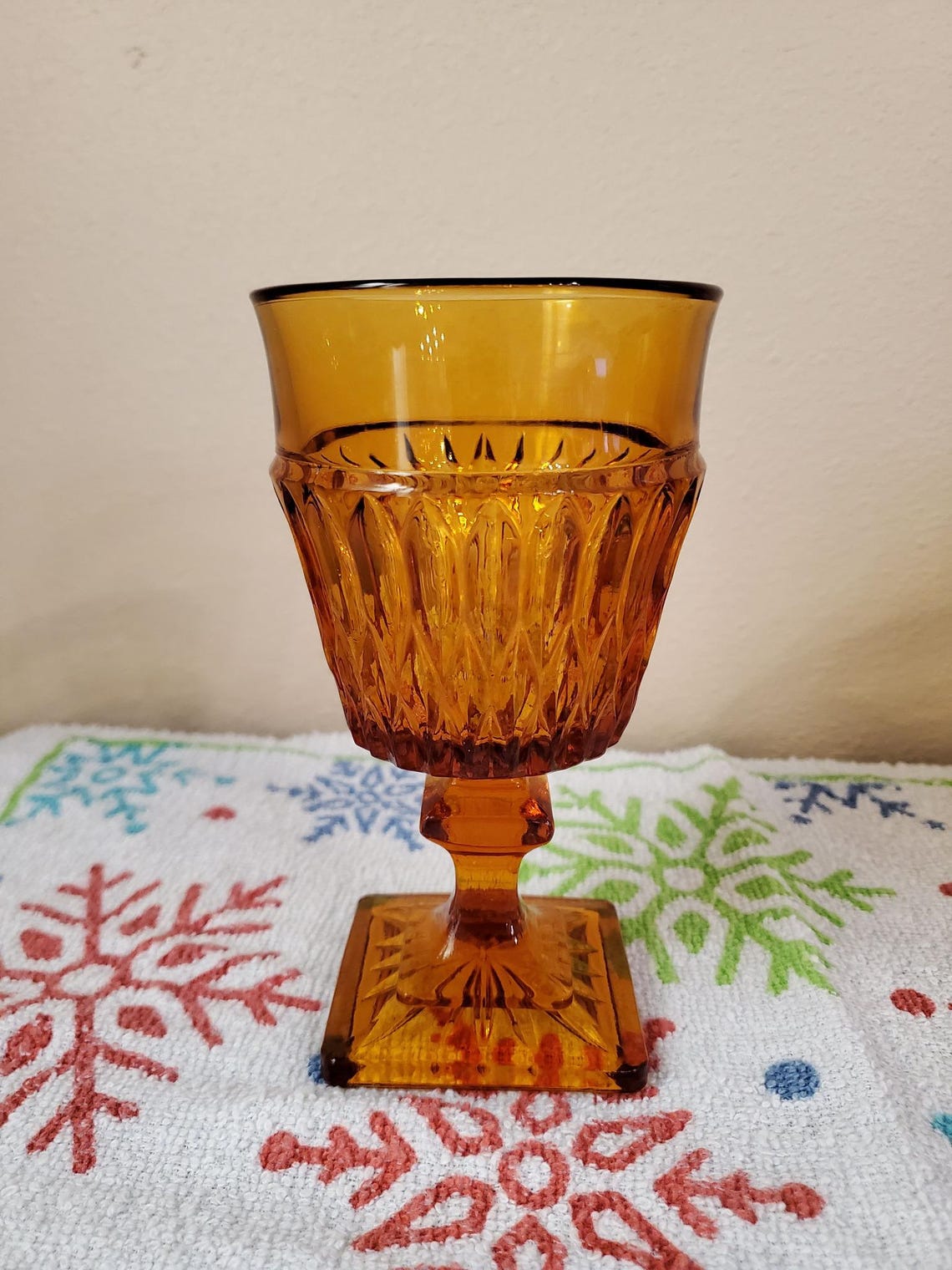 Vintage Amber Pressed Glass Water Goblets Indiana Glass Mt Vernon Set ...