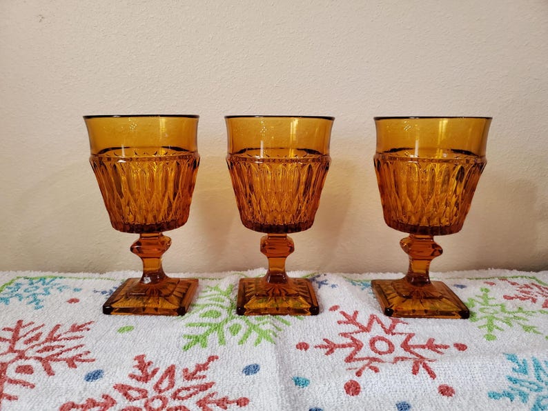Vintage Amber Pressed Glass Water Goblets Indiana Glass Mt Vernon Set ...