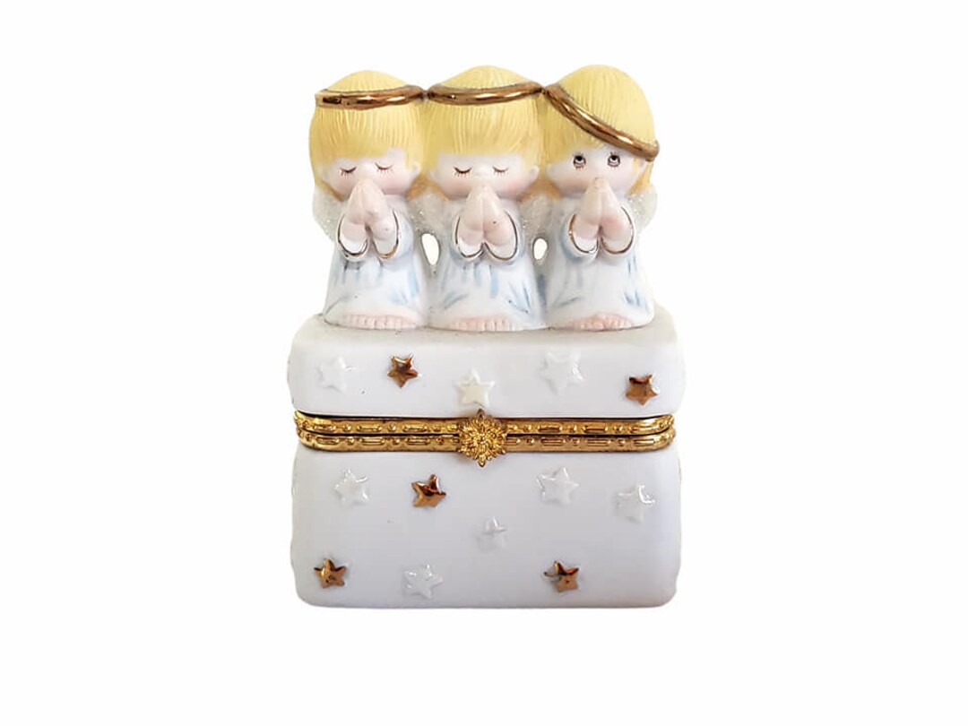 Vintage Three Praying Angels Porcelain Keepsake Box, Jewelry Storage ...
