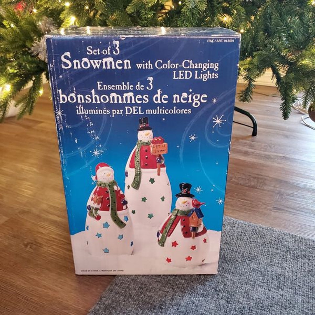 1991 Lot of 3 Ceramic Snowmen With Color Changing LED Lights Christmas ...