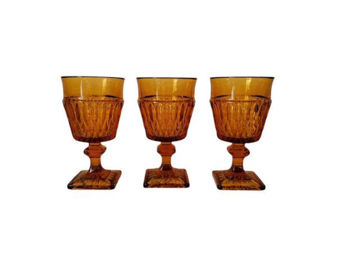 Vintage Amber Pressed Glass Water Goblets Indiana Glass Mt Vernon Set ...