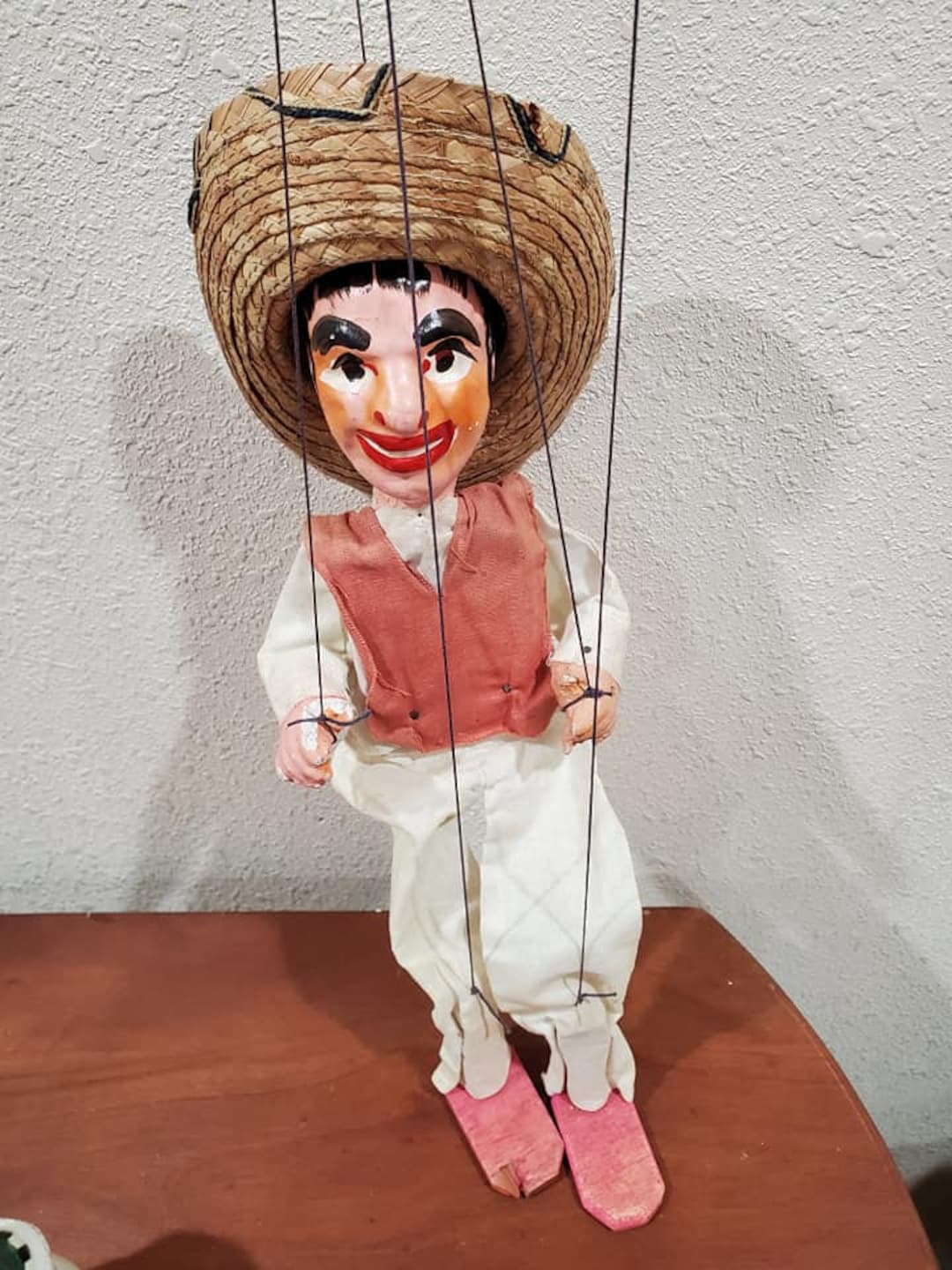 Vintage Marionette String Puppet Peasant Man Wearing Straw Sombrero Hat ...