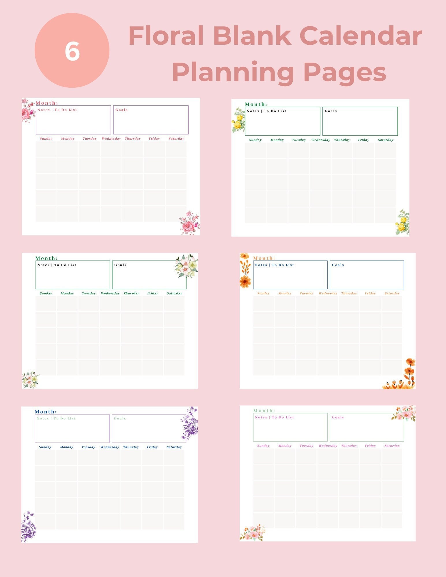 6 Printable Calendar Planning Pages, Digital Calendar Pages, Blank ...