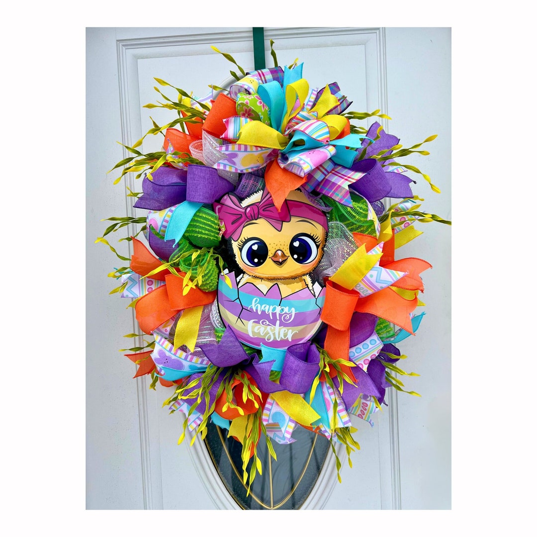 Handmade Easter Chick Wreath: Colorful Spring Door Decor (24x28x10 ...