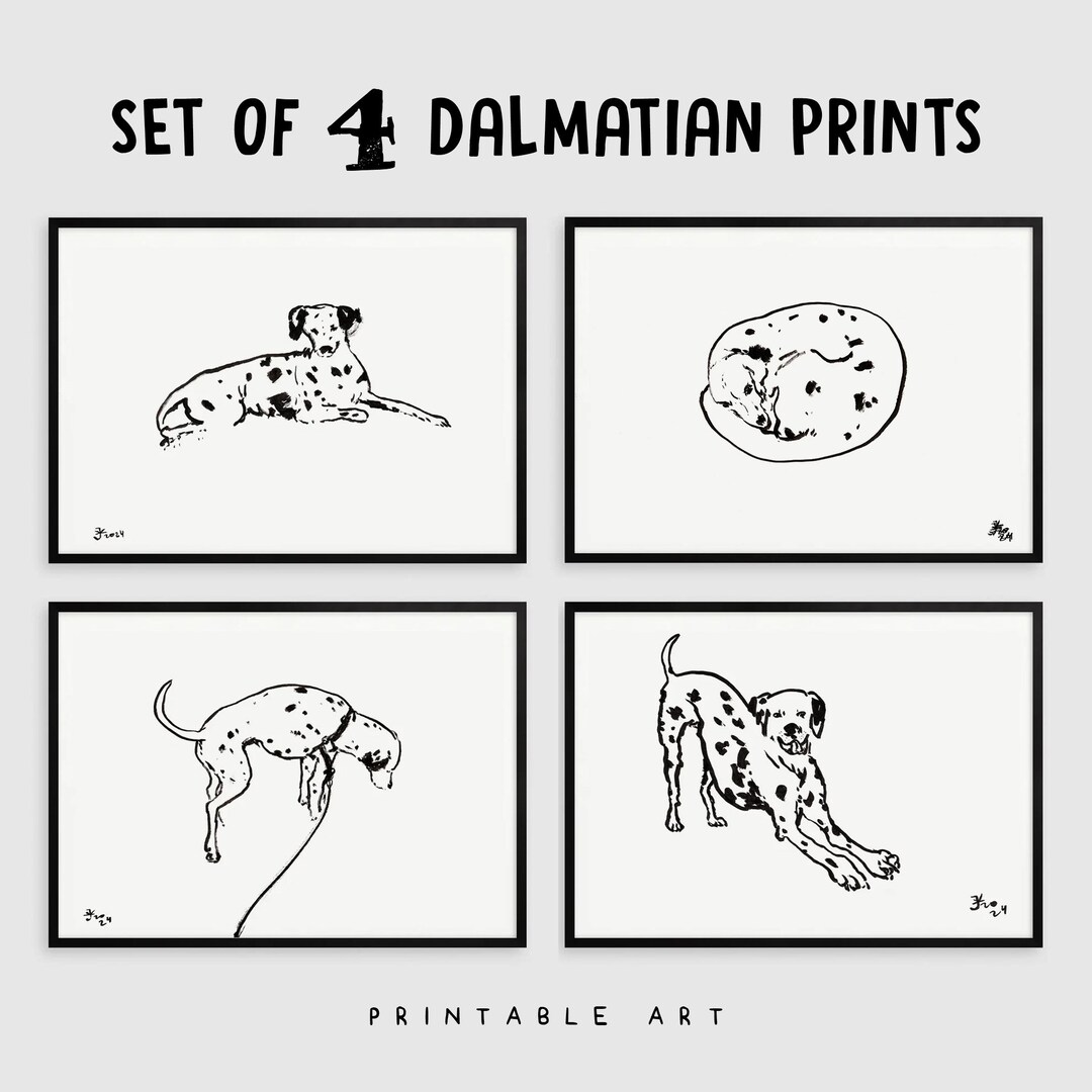 Set of 5 Dalmatian Prints, Digital Download, Dalmatian Drawings ...