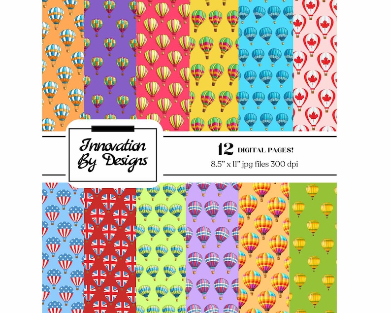 PRINTABLE Hot Air Balloons Digital Paper Pack Scrapbook Paper Set of 12 ...