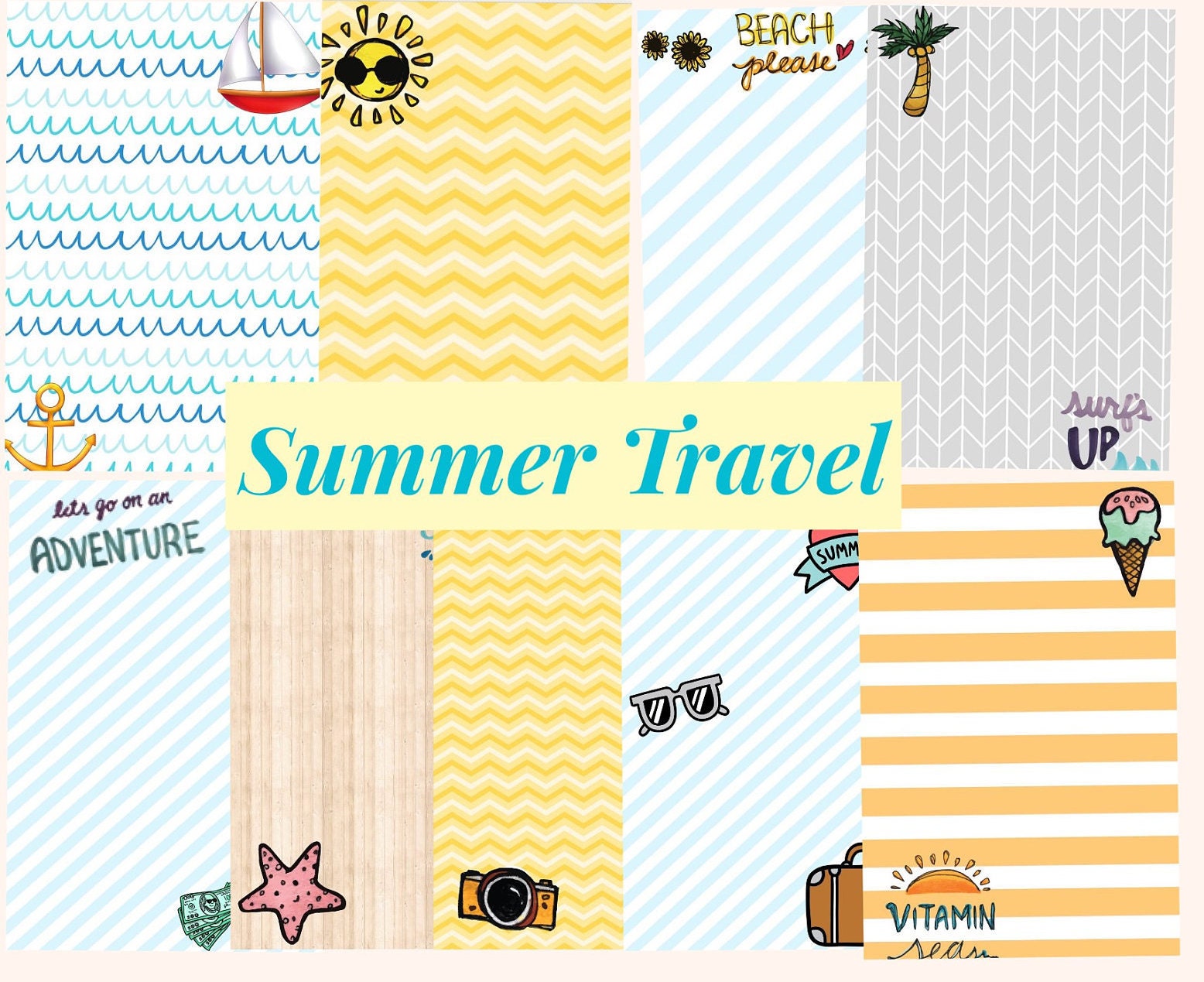 PRINTABLE Summer Travel Digital Paper Pack Scrapbook Paper Set of 9 ...