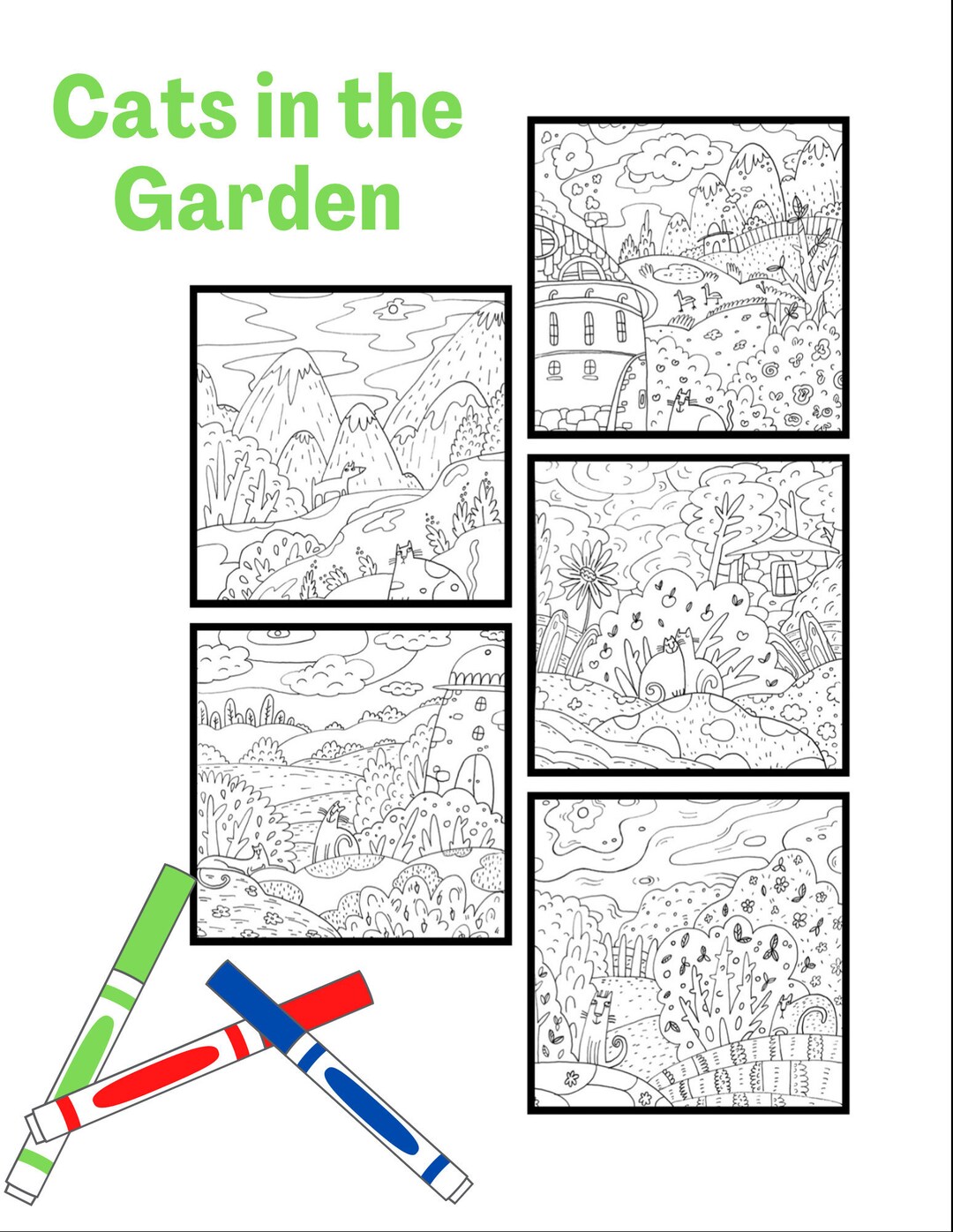 PRINTABLE "cats in the Garden" Digital Coloring Pages and Bonus Frames ...