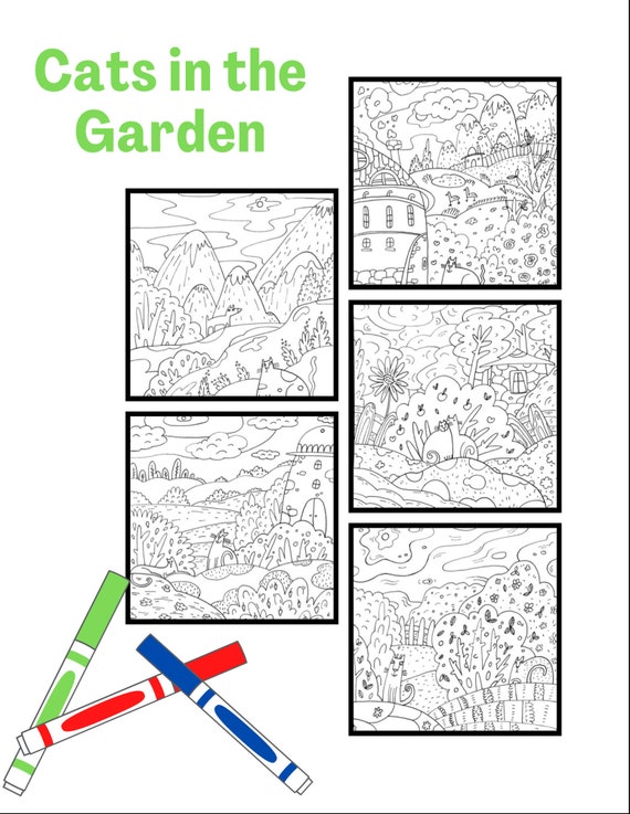 PRINTABLE Cats in the Garden Digital Coloring | Etsy