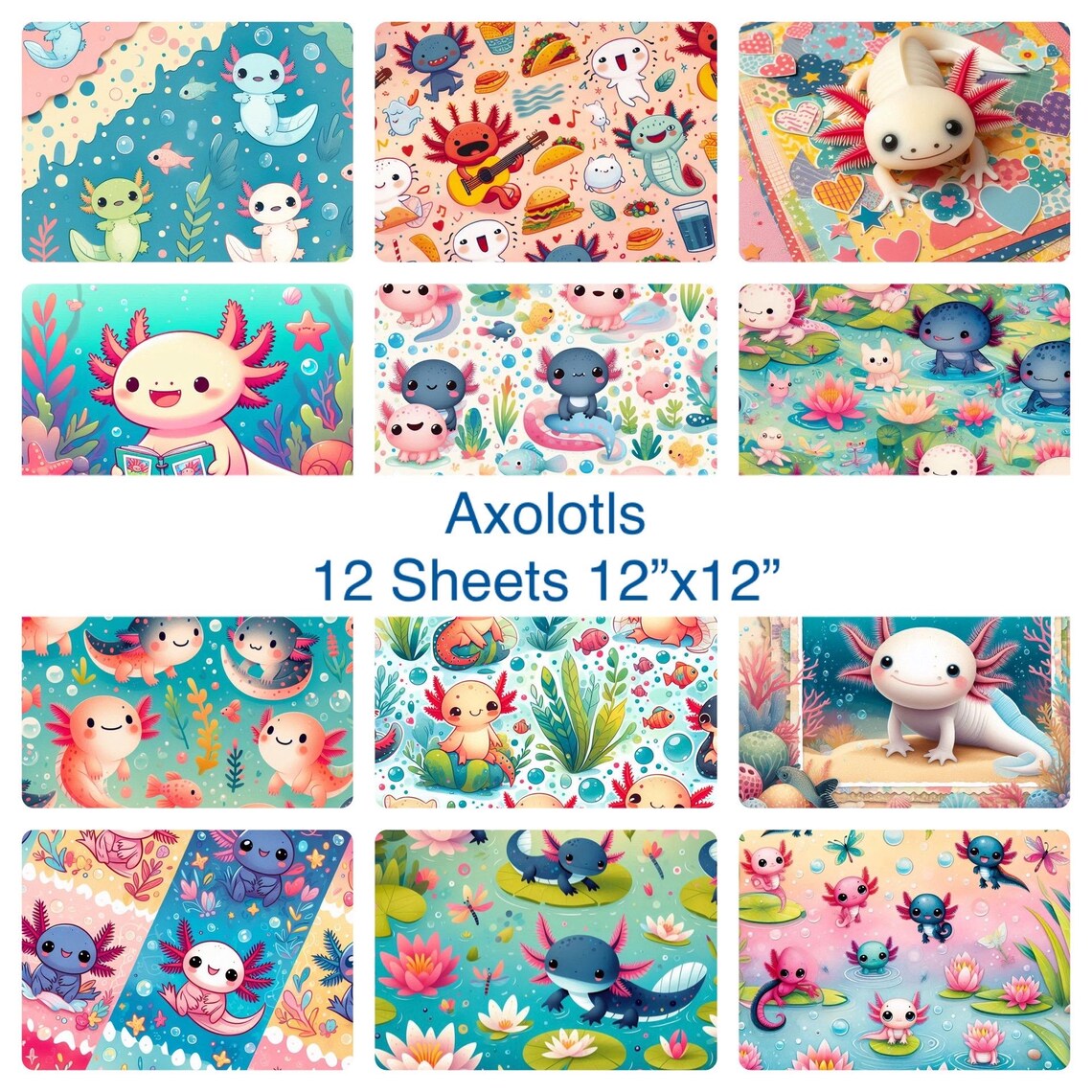 Axolotls 12x12 PRINTABLE Scrapbook Paper Set of 12 Sheets - Etsy