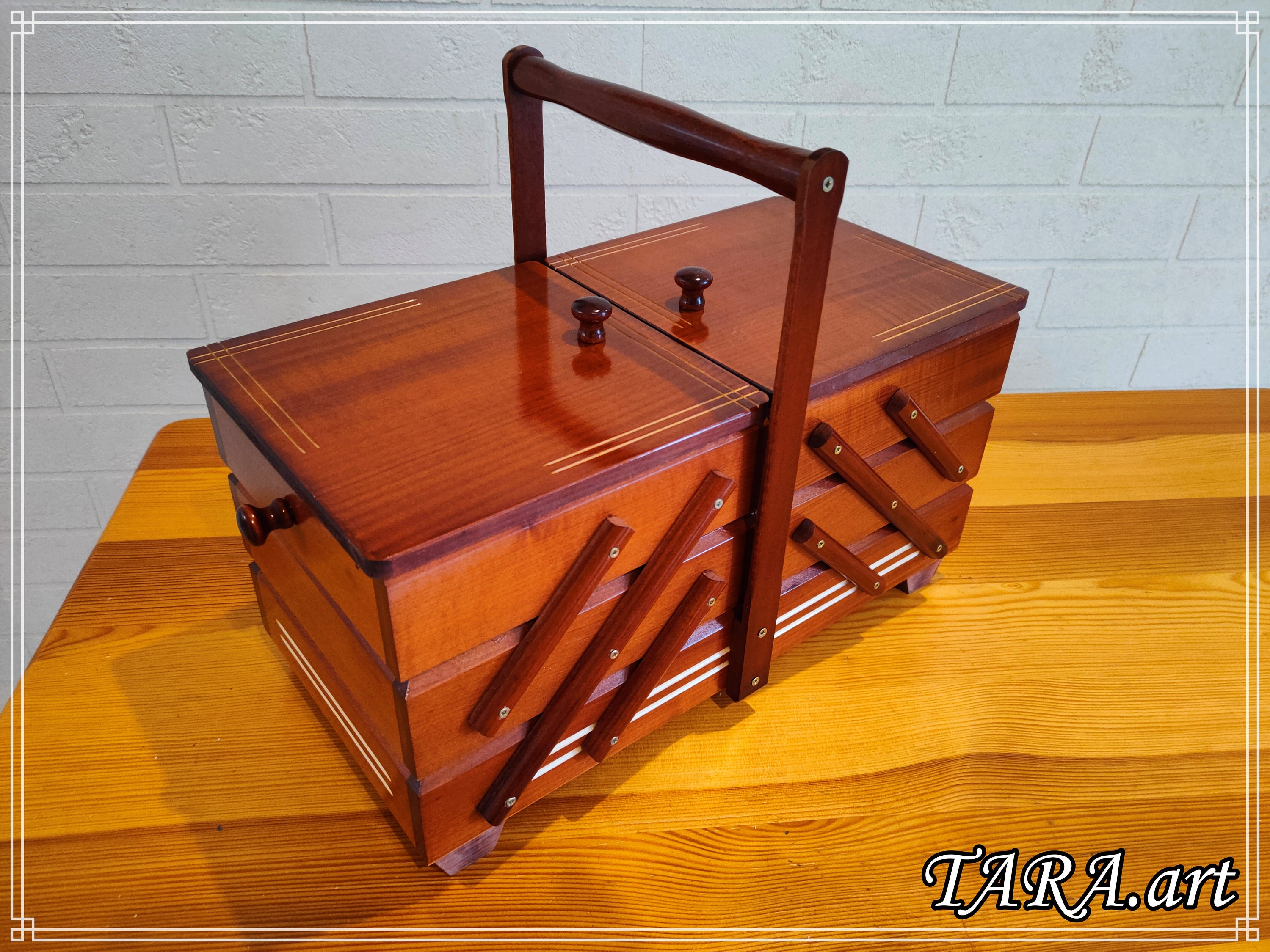 Big Brown Sewing Box, Wood Storage Box for Sewing Kit, Fold Out Box for ...