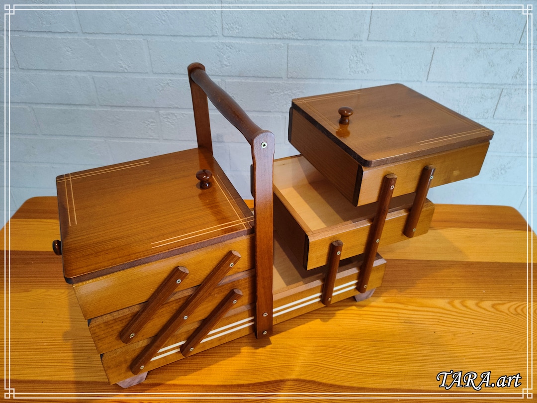 Large Sewing Box, Wood Storage Box for Sewing Kit, Fold Out Box for ...