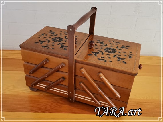 Brown Sewing Box Wood Storage Box for Sewing Kit Fold Out - Etsy