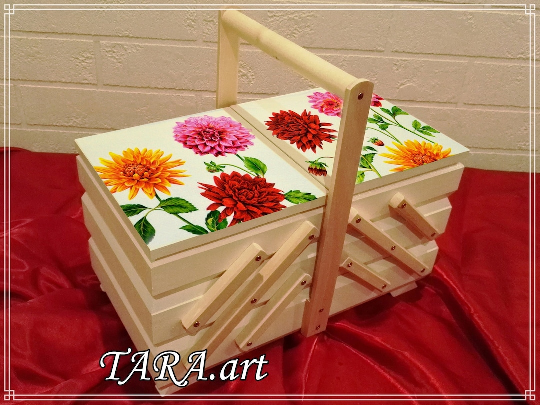 Hand Painted Wooden Sewing Box: Accordion Storage, Floral Decoupage - Etsy