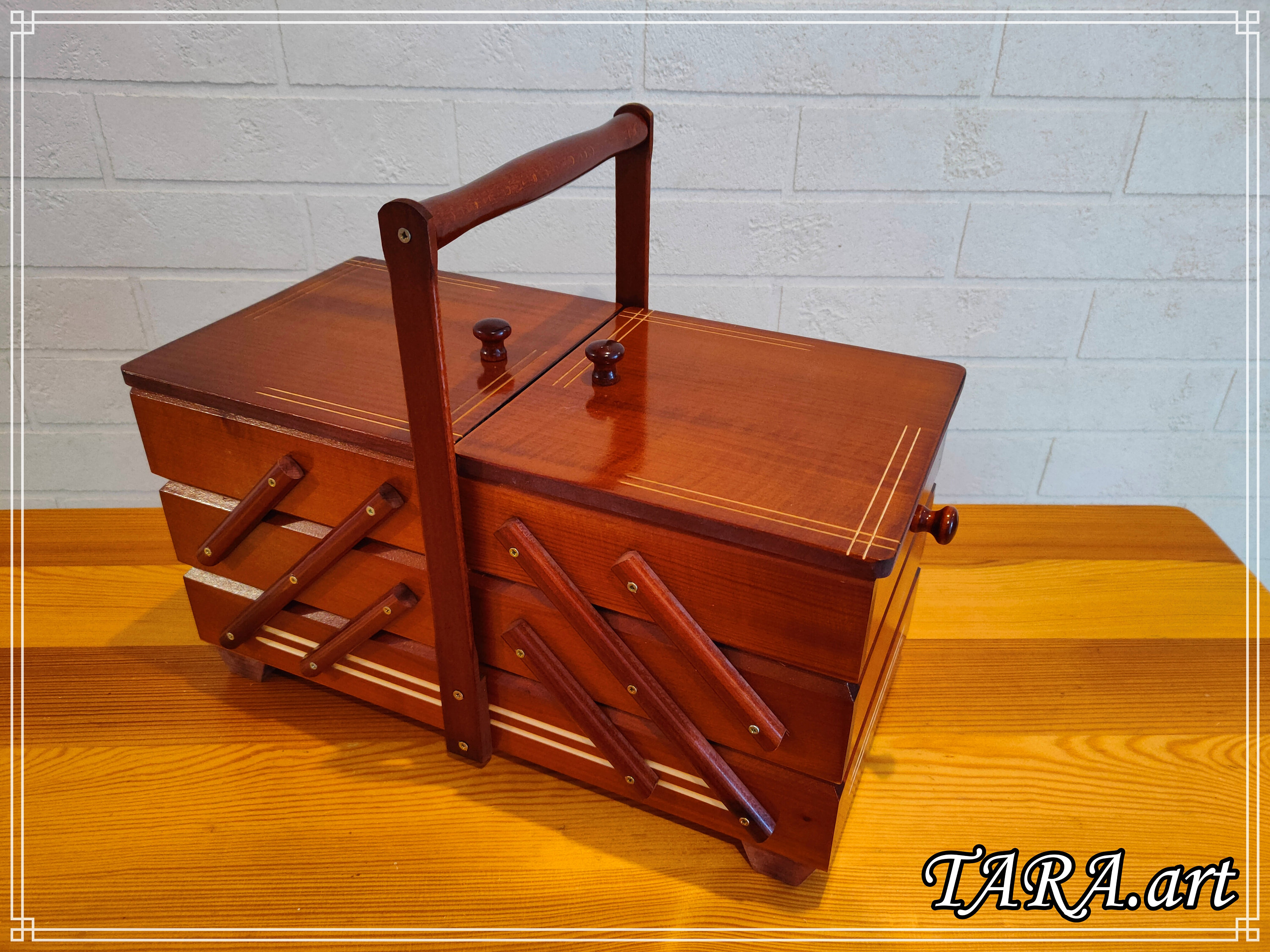 Big Brown Sewing Box, Wood Storage Box for Sewing Kit, Fold Out Box for ...