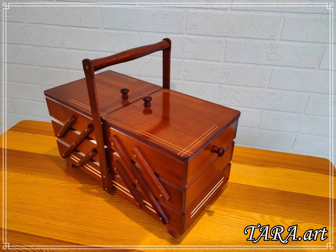 Big Brown Sewing Box Wood Storage Box for Sewing Kit Fold - Etsy