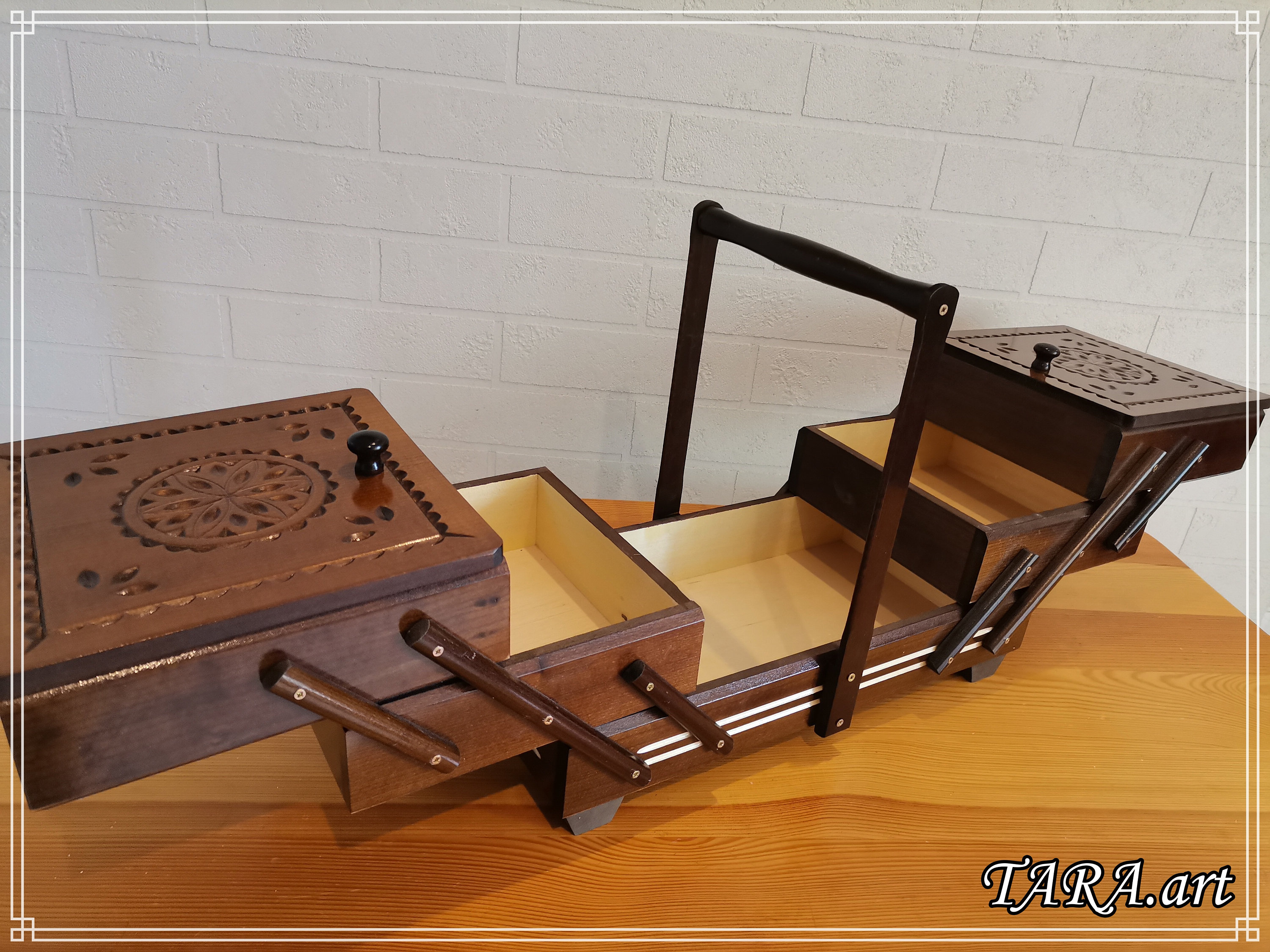 Brown Sewing Box Wood Storage Box for Sewing Kit Fold Out | Etsy