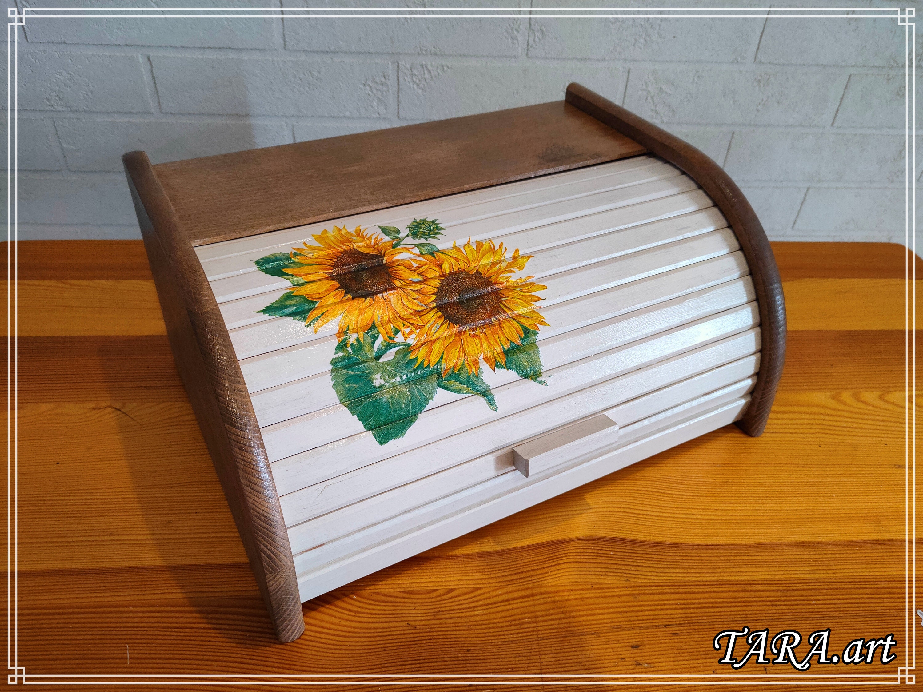 Wooden bread bin with sunflowers bread box from wood vintage | Etsy
