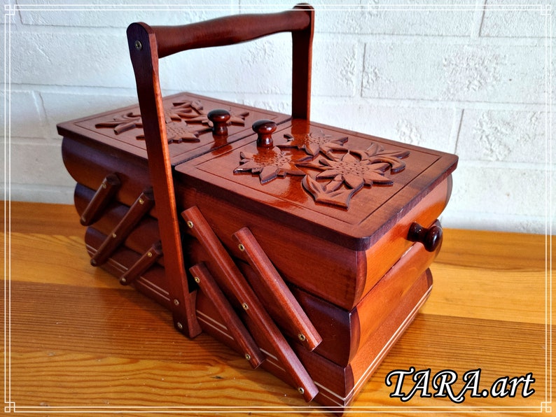Wooden Sewing Box, 3d Pattern on the Lids, Folding Storage Box From ...