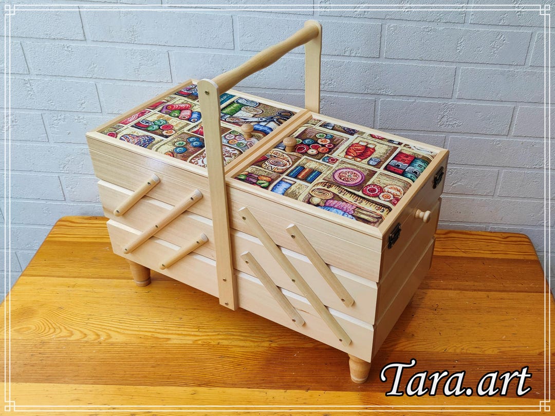 The Biggest Sewing Box, Wood Storage Box for Sewing Kit, Fold Out Box ...