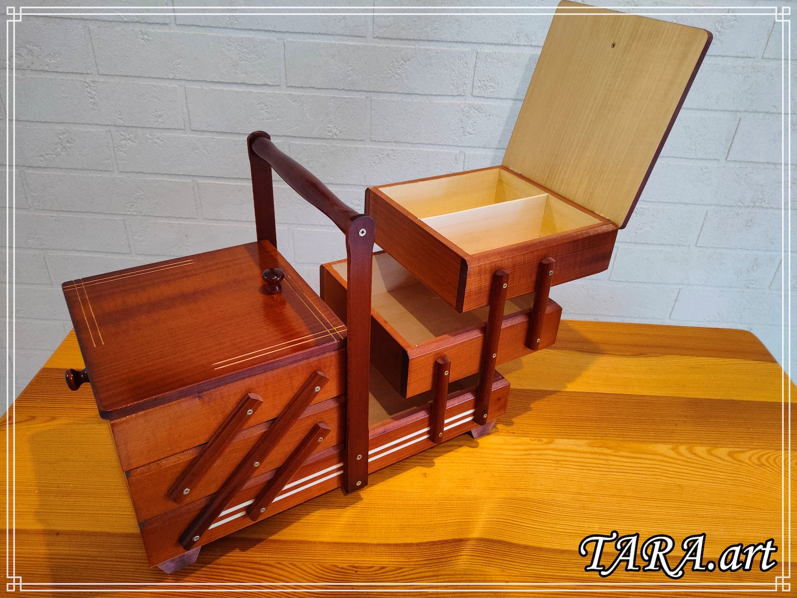 Big Brown Sewing Box, Wood Storage Box for Sewing Kit, Fold Out Box for ...