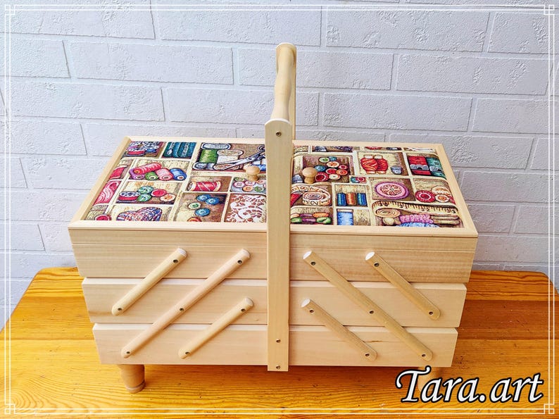 The Biggest Sewing Box, Wood Storage Box for Sewing Kit, Fold Out Box ...