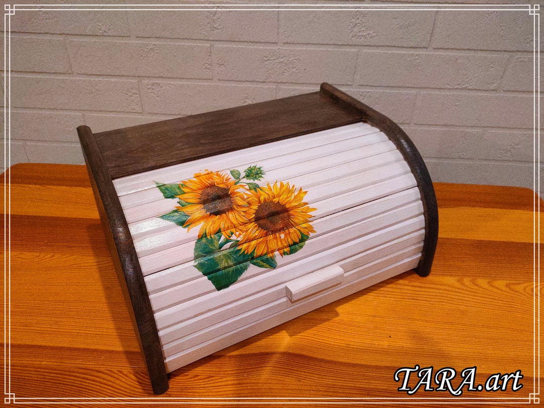 Dark Brown Bread Bin With Sunflowers, Wooden Bread Box, Bread Box of ...