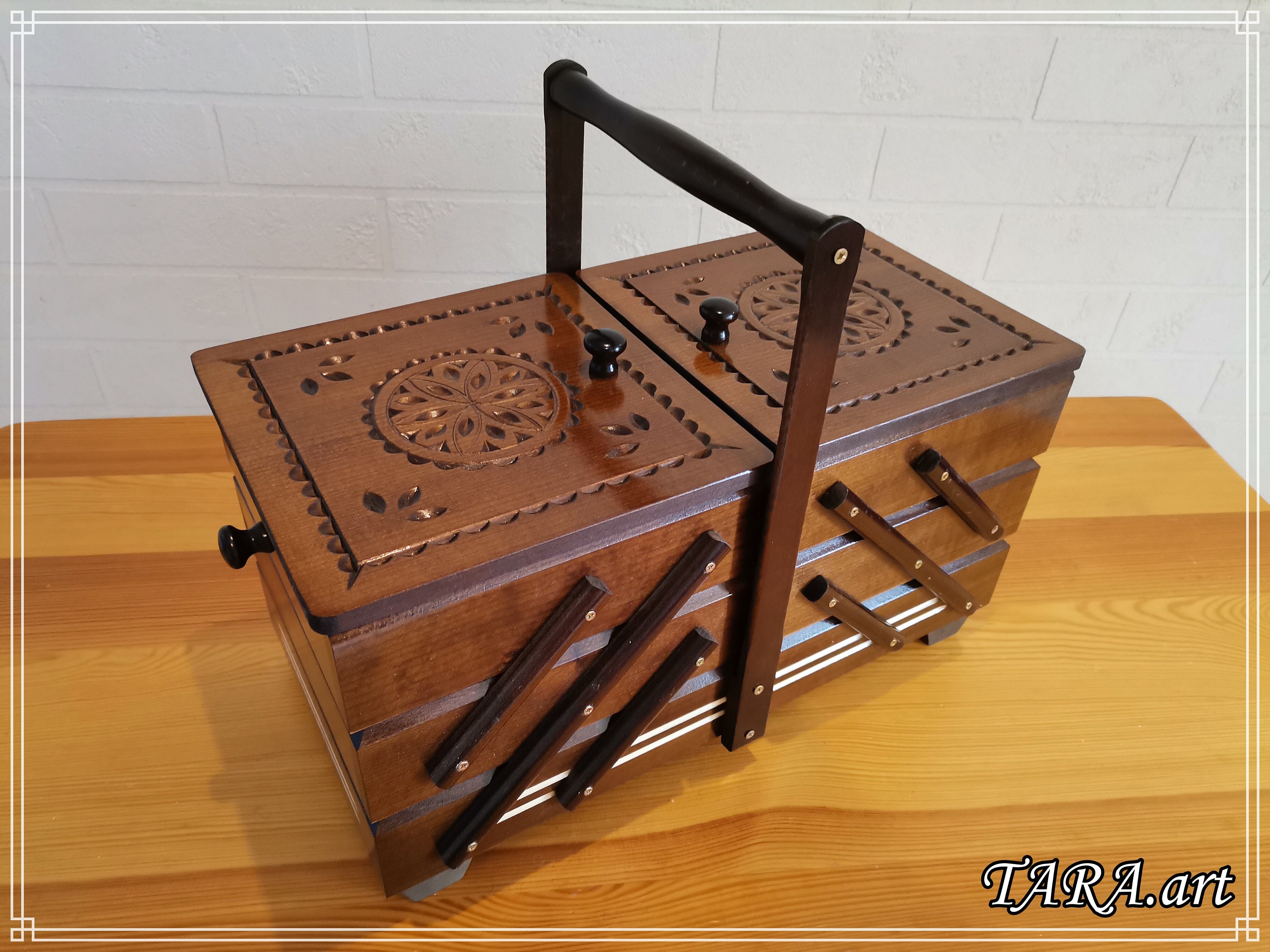 Brown Sewing Box Wood Storage Box for Sewing Kit Fold Out | Etsy