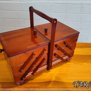 Big Brown Sewing Box, Wood Storage Box for Sewing Kit, Fold Out Box for ...