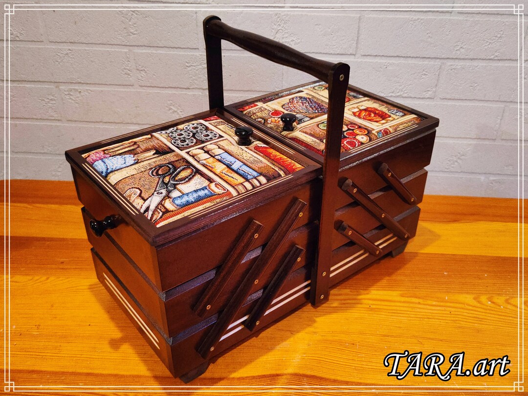 Brown Sewing Box From Wood, Storbox for Sewing Kit, Fold Out Box for ...